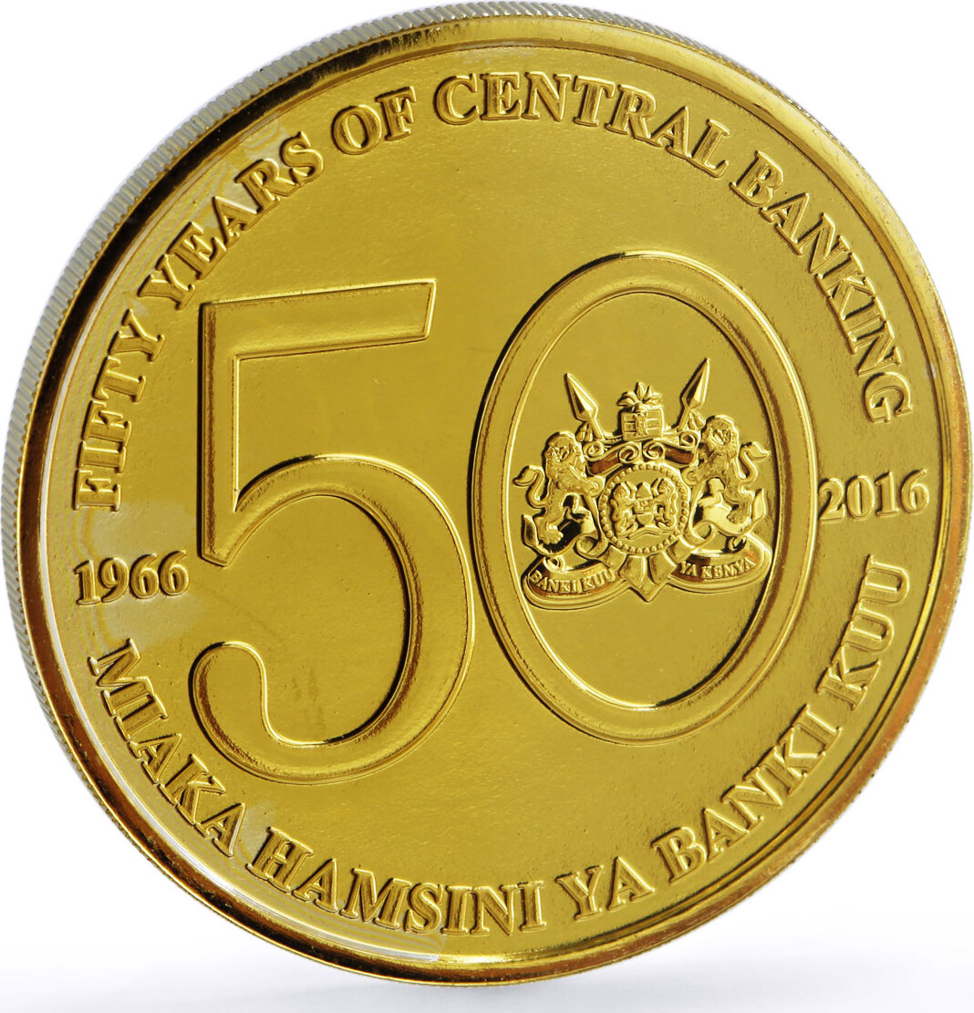 Kenya 50 shillings 50th Anniversary of Central Bank gilded NiBrass coin ...