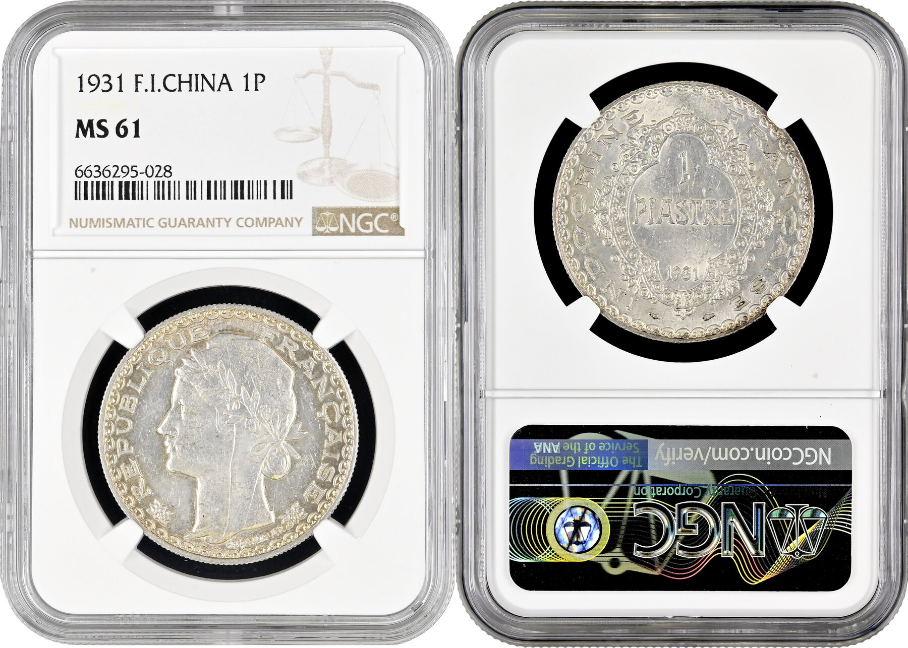 French Indochina 1 piastre 1931, NGC MS61, French Indochina (1885 - 1954) French Indochina 1931 ...