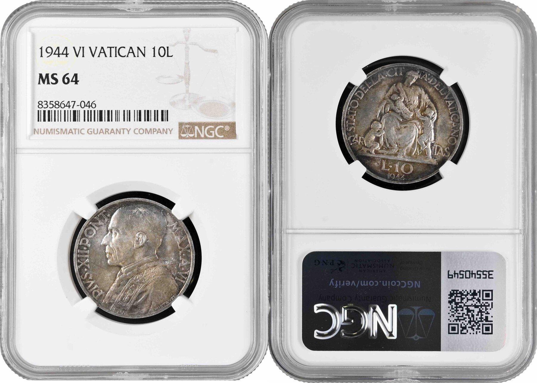 Vatican City 10 lire 1944, NGC MS64, Pope Pius XII (1939 - 1958) silver ...