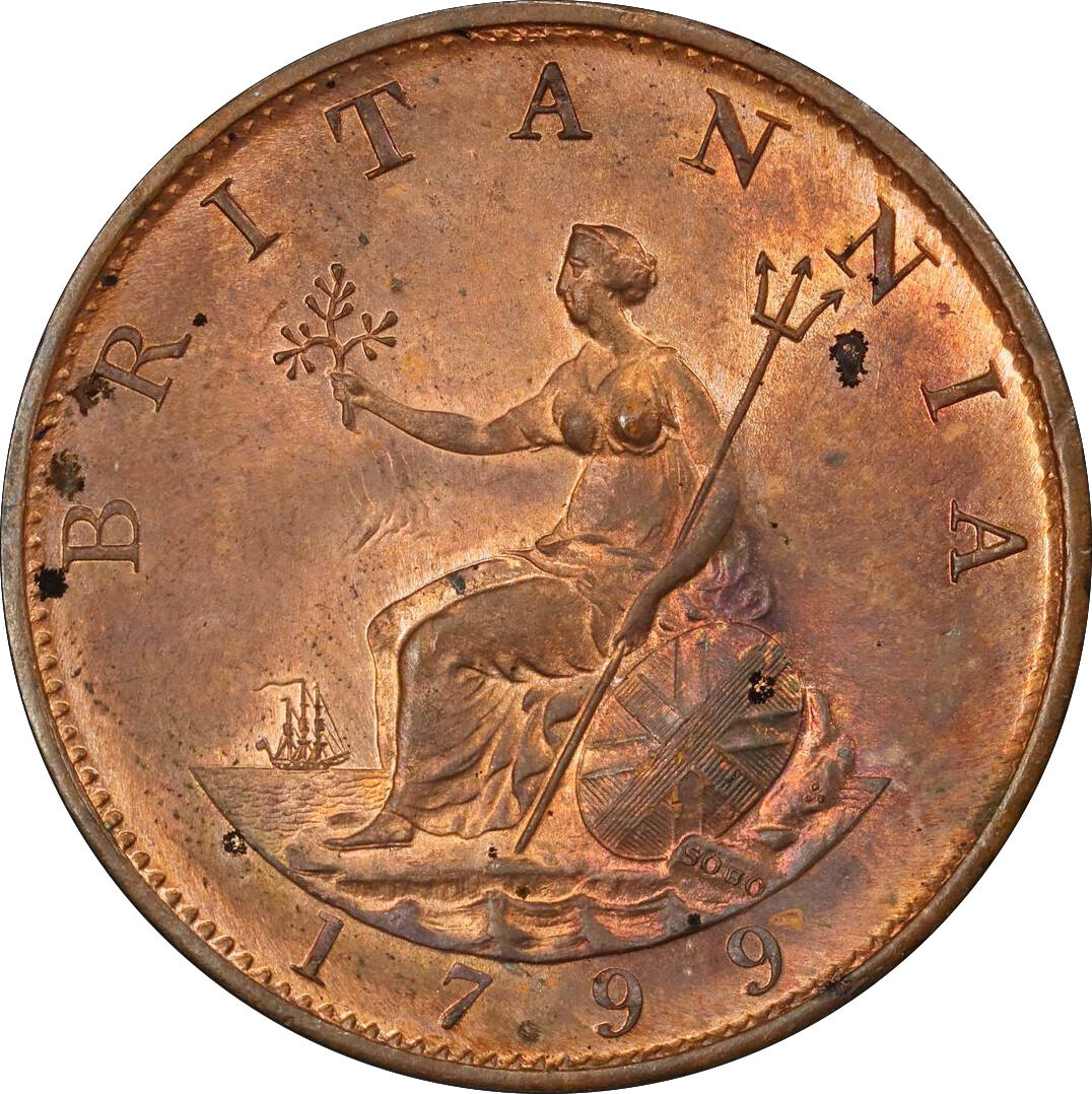 Great Britain 1/2 penny 1799, PCGC MS63 RB, King George III (1760 - 1820) Great Britain 1799 ...