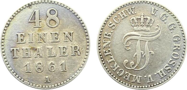 1/48 Taler 1861 A Mecklenburg-Schwerin Friedrich Franz II. VF-EF | MA-Shops