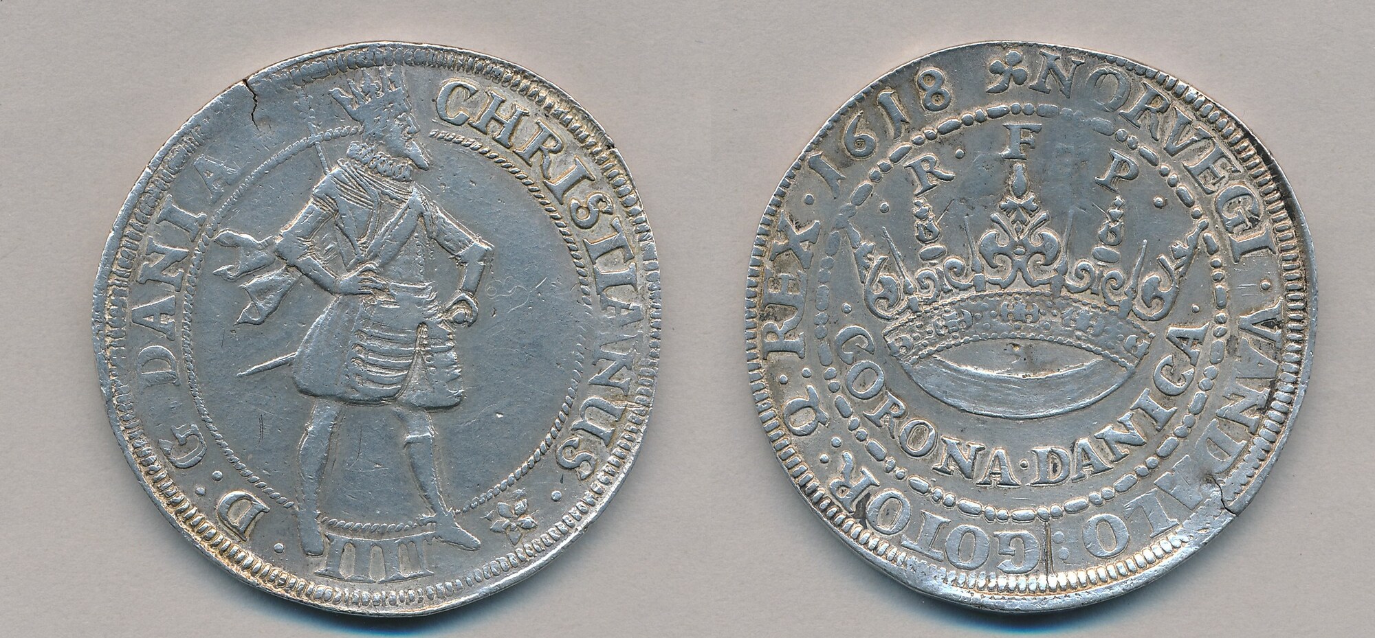 Denmark 2 krone 1618 Christian IV, CORONA DANICA, S 87.1, H 105A, VF ...