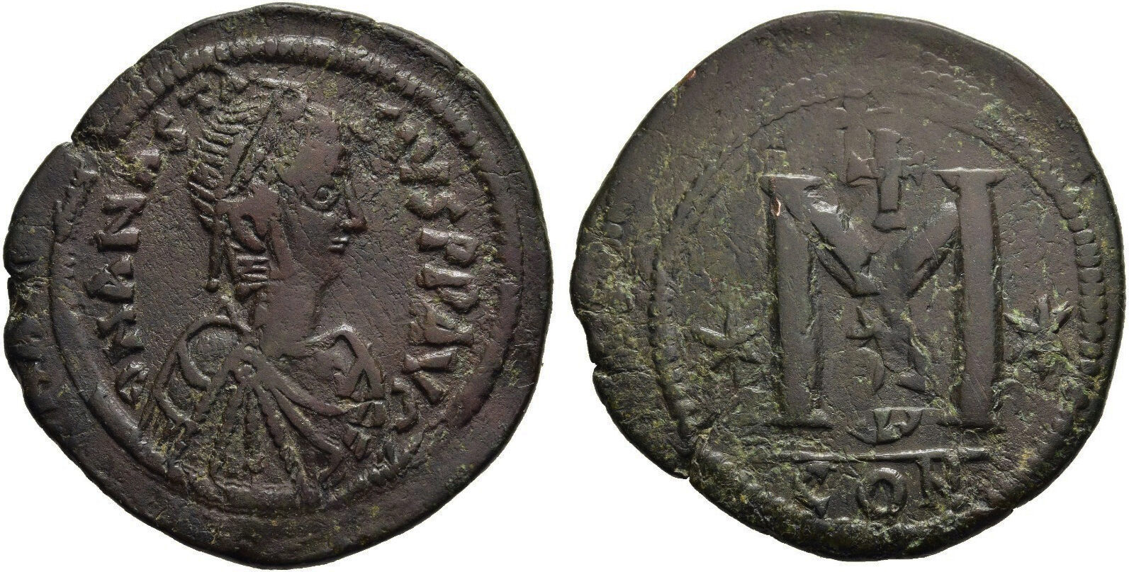 BYZANTINE EMPIRE Æ Large Follis of 40 Nummi 498-518 AD Anastasius I VF ...