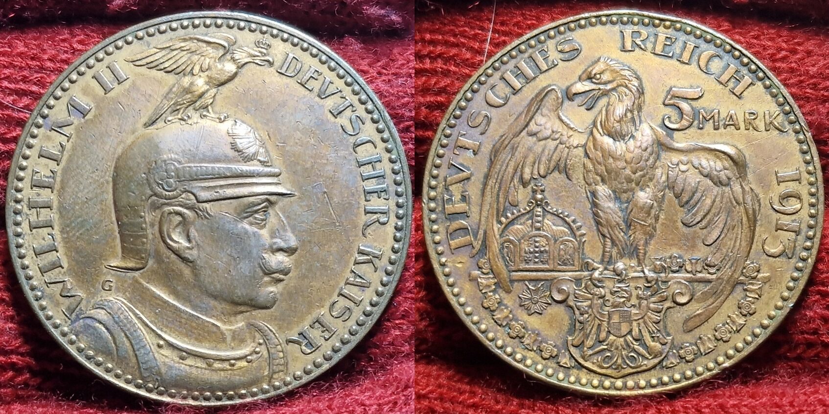 Deutschland Kaiserreich Preußen 5 Mark Probe 1913 Karl Goetz Motivprobe Wilhelm II. Pattern ...