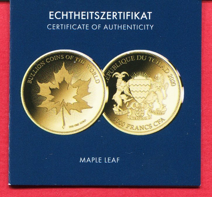 Tschad 3000 Francs CFA 2020 Buillion Coins of the World - Maple Leaf- proof with certificate ...