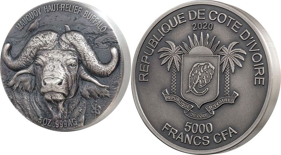 WATER BUFFALO Big Five Mauquoy 5 Oz Silver Coin 5000 Francs Ivory Coast ...
