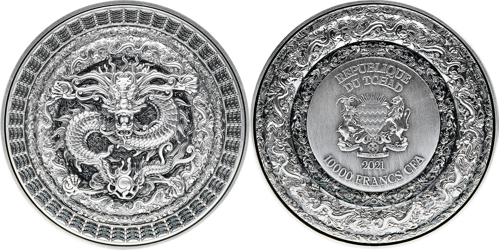FORBIDDEN DRAGON 2 Oz Silver Coin 10000 Francs Chad 2021 Antique Finish ...