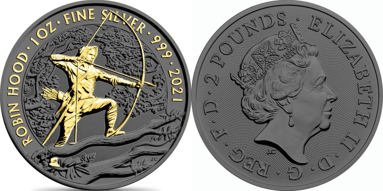 2 Pounds ROBIN HOOD Gold Ruthenium 1 Oz Silver Coin 2£ United Kingdom ...