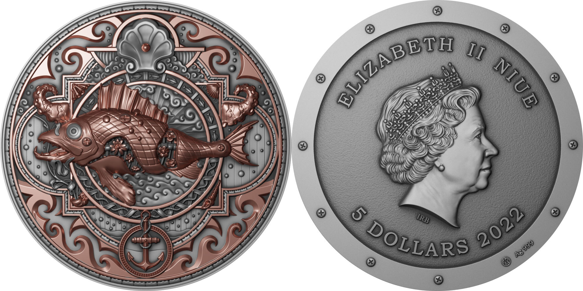 5 Dollars METAL FISH Steampunk 2 Oz Silver Coin 5$ Niue 2022 Antique ...