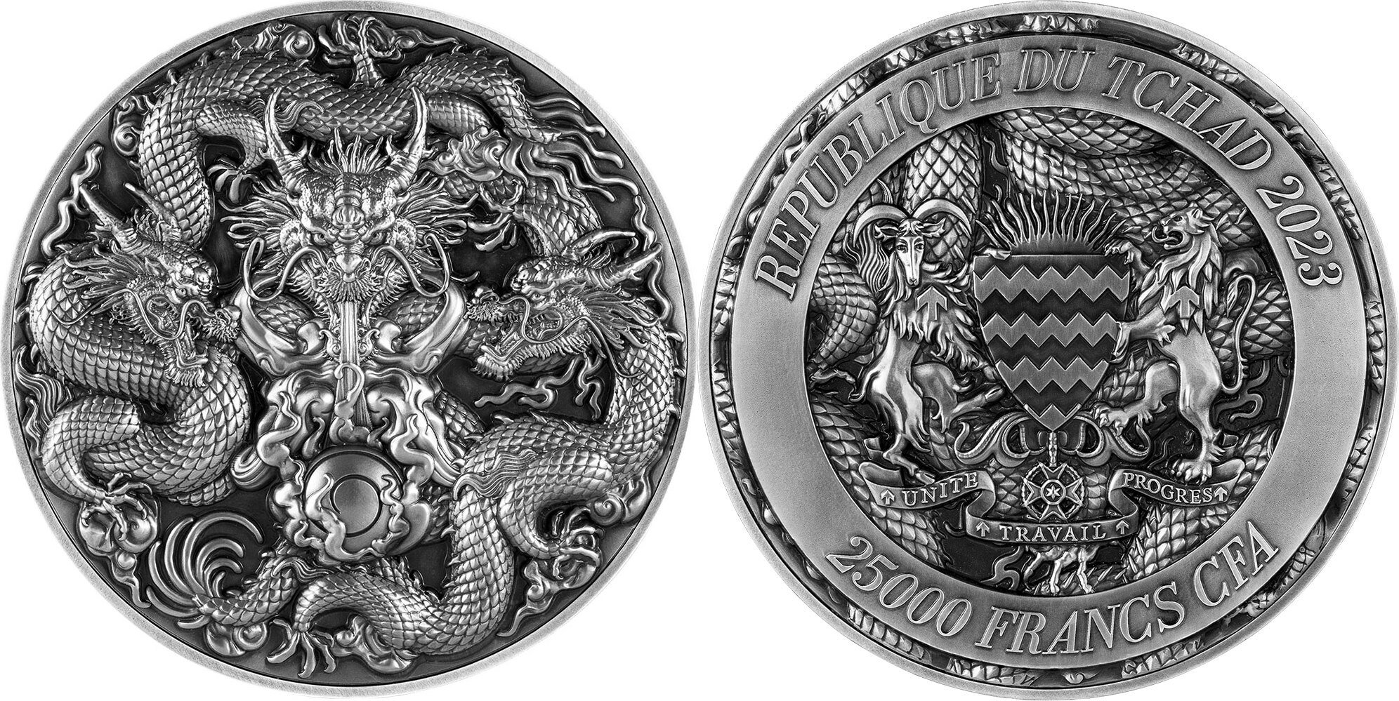 TRIPLE DRAGONS 5 Oz Silver Coin 25000 Francs Chad 2023 Antique Finish ...