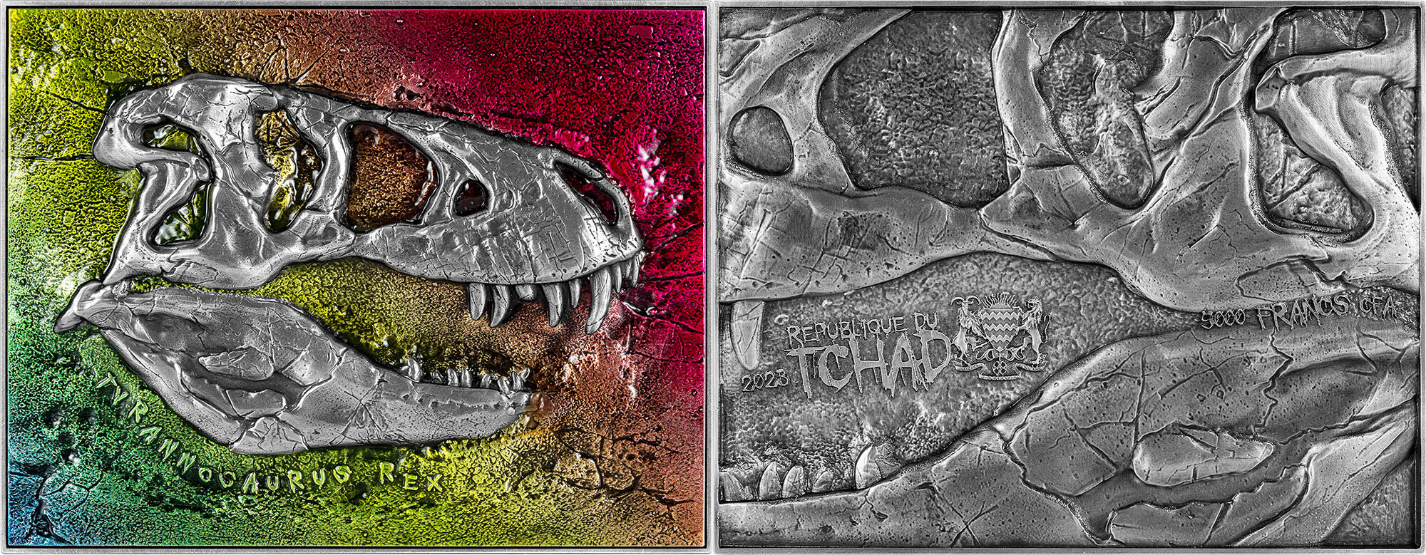 TYRANNOSAURUS REX FOSSIL Pop Art 1 Oz Silver Coin 5000 Francs Chad 2023 ...