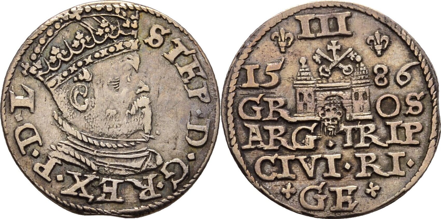 Polen Riga Dreigröscher Trojak 1586 Stephan Bathory, 1576-1586 VF | MA ...