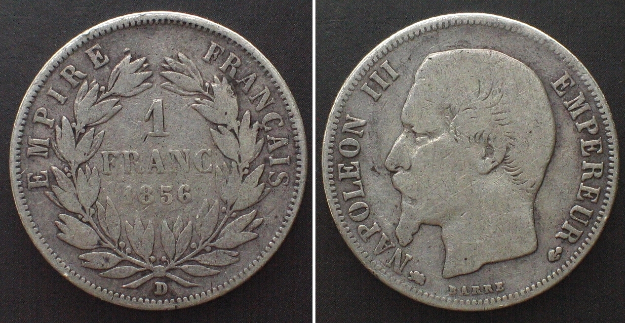 Frankreich FRANCE. 1 Franc 1856 D Lyon mint, NAPOLEON III, silver, aVF ...