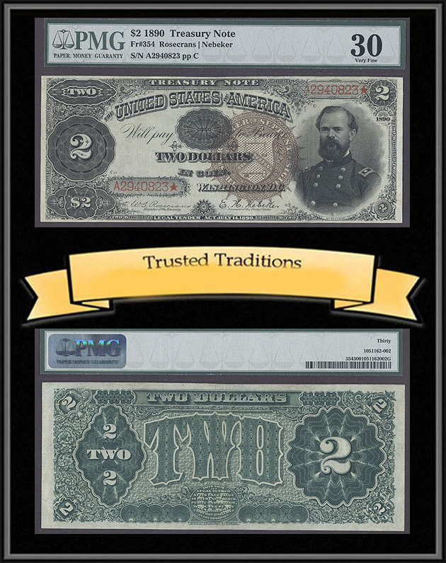 USA 2 Dollar 1890 TREASURY NOTE SCARCE LARGE BROWN SEAL PMG 30 VERY ...